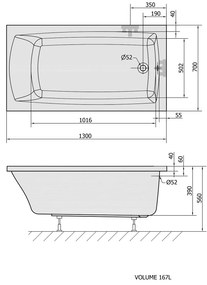 Polysan LILY obdélníková vana 130x70x39cm, bílá, 77511