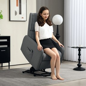 HOMCOM elektrické relaxační křeslo s asistencí při vstávání v lněném vzhledu, dálkové ovládání, sedadlo s pružinami, podnožka, šedé