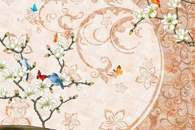 Samolepící tapeta vintage zátiší s ptáčky a motýly