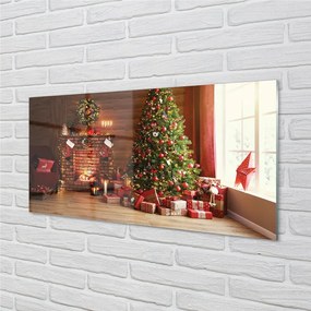 Obraz na skle Krbová dárky vánoční stromky 100x50 cm