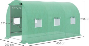 Zahradní skleník Outsunny 4x2x2 m - Tunelový skleník se 6 rolovacími okny a zipovým vchodem, proti UV záření, ideální pro terasu a zahradu