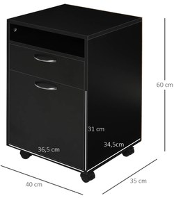 HOMCOM pojízdná podstavná skříň černá 40x35x60cm se zásuvkou pro kancelář a domácí kancelář, prostorově úsporná a funkční | Aosom.de