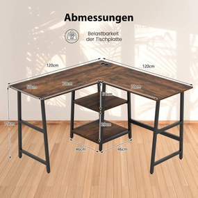 Costway Desk Rohový stůl ve tvaru L se zásuvkami a USB porty Rustikálně