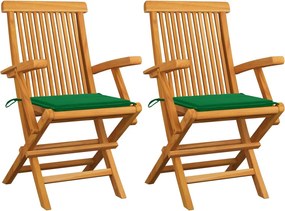 Skládací židle se zelenými polštáři 2 ks, masivní teakové dřevo 3062492