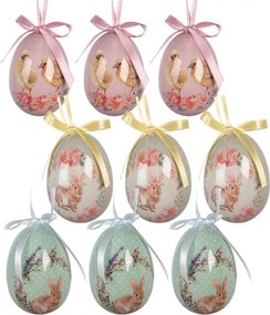 9ks dekorace barevné závěsné vajíčko s králíčky a kuřátky Spring Egg - Ø 5*8 cm