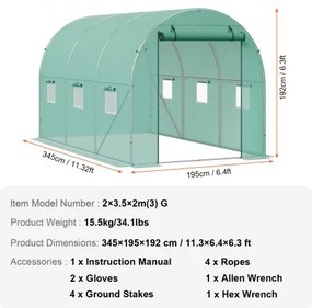 Walk-in tunelový skleník 3,45 × 1,95 × 1,92 m pozinkovaný rám PE kryt zelený