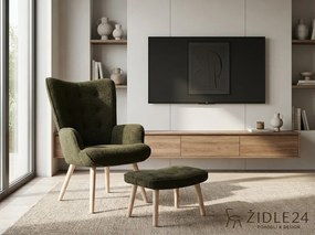 Relaxační křeslo ušák s podnožkou RENI - zelená látka bouclé