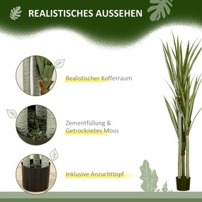 Umělá rostlina yucca HOMCOM v květináči 190 cm - 39 realistických listů pro dekoraci domova, obývacího pokoje, kanceláře a zahrady Ø17x190 cm Zelená