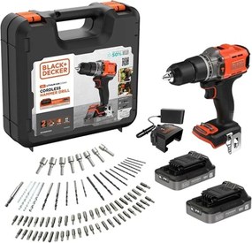 BLACK+DECKER - 18V AKU vrtací šroubovák s příklepem, s příslušenstvím, 2x aku 2,0 Ah Li-Ion, nabíječka BCD383D2XKA-QW