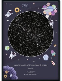 Hvězdná mapa Vašeho životního okamžiku Rozměr plakátu: 30 x 40 cm, Barva pozadí: Vesmírná, Volba rámu: Černý dřevěný rám