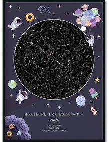 Hvězdná mapa Vašeho životního okamžiku Rozměr plakátu: 30 x 40 cm, Barva pozadí: Kosmonaut, Volba rámu: Lípa dřevěný rám