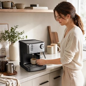 HOMCOM Espresso stroj, 20-bar kávovar s tryskou na našlehání mléka, 1,6 l nádrž na vodu, černý