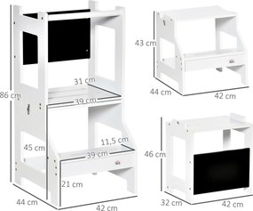 HOMCOM 2v1 Učící Věž Dětský Stolička pro 3+ Let, Převoditelná na Stůl s Tabulí a Bezpečnostním Příčným 42x44x86 cm Bílá