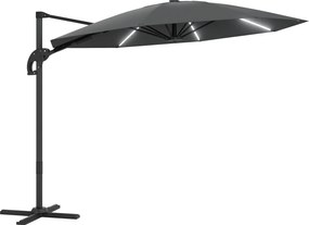 Outsunny Hliníkový Slunečník s Bočním Stojanem LED Solární Ø300cm Výškově Nastavitelný Slunečník s Kličkou UV50+ Voděodolný 360° Otočný Tržišní Sluneč