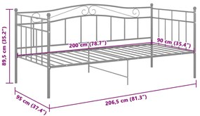 vidaXL Marketos Rám postele/pohovky šedý kovový 90 x 200 cm
