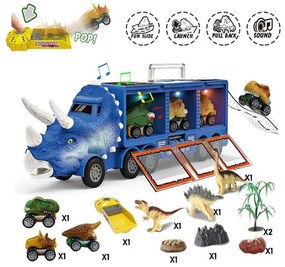 Velké přepravní dinosauří auto s menšími autíčky a příslušenstvím Varianta: modrý dinosauří přepravník s auty a příslušenstvím