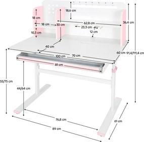 Rostoucí psací stůl LIFT - růžová / bílá