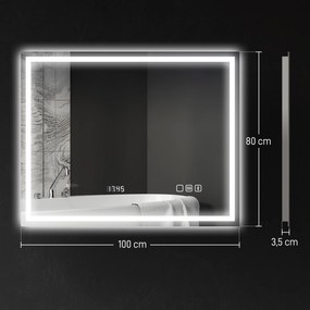 HOMCOM Koupelnové zrcadlo LED Bluetooth 80 x 100 cm dotykový spínač, nastavitelný světelný výkon 3 barvy, Anti-Fog, paměť, stříbrné