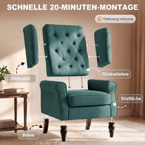 HOMCOM Křeslo do Obývacího Pokoje, Opěrka s Knoflíky a Dřevěné Nohy, Široké Sedadlo, Skvělý Komfort, Klasický Styl, 74 x 86 x 102 cm, Zelené
