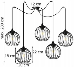 Závěsné svítidlo Toronto Spider, 5x černé drátěné stínítko