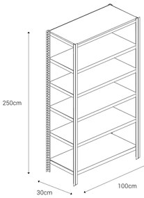 Bezšroubové kovové regál 250x100x30cm T profil, 6 polic