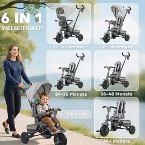 Dětská tříkolka, kočárek 6 v 1 pro batolata, s rukojetí na tlačení, nastavitelným sedadlem, skládací konstrukcí, bezpečnostní sítí, šedá barva