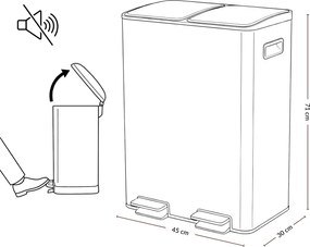 Dvoukomorový koš na odpadky SOLV, 60 l – stříbrný