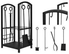 Koš na dřevo s krbovým nářadím 30x40x73 cm černá