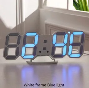 3D LED nástěnné nebo stolní digitální hodiny Barva: modrá, Varianta: bílý rámeček