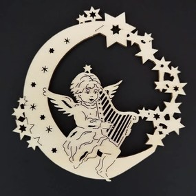 AMADEA Dřevěná ozdoba anděl na měsíci s harfou 17 cm