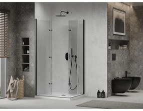 Mexen Lima Duo, sprchový kout s 2-křídlými skládacími dveřmi 90 (dveře) x 80 (dveře) cm, 6mm čiré sklo, černý profil + slim sprchová vanička 5cm bílá s černým sifonem, 856-090-080-70-02