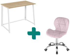 Set do pracovny ZARIMO stůl 80x40 cm bílý + křeslo AVOLA VELVET růžové