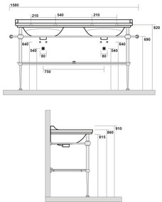 Kerasan WALDORF konstrukce pro retro dvojumyvadlo 150cm se skleněnou poličkou, chrom 9195K1