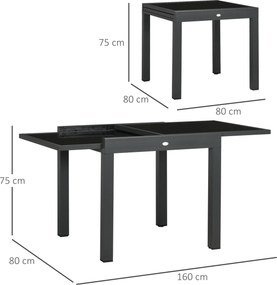 Rozkládací zahradní stůl Outsunny z hliníku s obdélníkovým tvarem a tvrzeným sklem pro 4-6 osob, nosnost 50 kg, rozměry 80-160x80x75 cm, černý