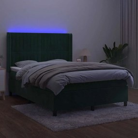 Box spring postel s matrací a LED tmavě zelená 140x200 cm samet 3139688