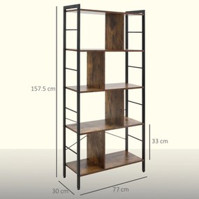 HOMCOM 4-patrová knihovna s 8 úložnými prostory v industriálním stylu pro obývací pokoj, kancelář, ložnici 74x30x157,5 cm Rustikální hnědá