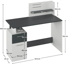 Kondela PC stůl, bílá/grafit, PLATON NEW