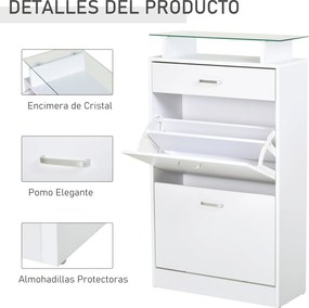 HOMCOM Botník s 3 šuplíky, skleněnou policí a hliníkovými úchyty pro předsíň, nosnost 50 kg, 60x24x105,5 cm, bílý