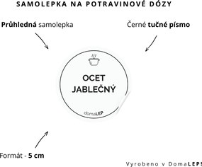 OCET JABLEČNÝ - omyvatelná samolepka na dózu, výběr rozměrů Ø 5 cm / 5 x 5 cm / 6 x 8 cm | DomaLEP tvar: KOLEČKO, barva: PRŮHLEDNÁ - ČERNÉ písmo, velikost: Ø 5 cm - tučné písmo