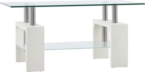 HOMCOM 2-úrovňový konferenční stolek, moderní stolek do obývacího pokoje se skleněnou deskou a dřevěnou a ocelovou konstrukcí, 90x50x42cm, bílý | Aoso