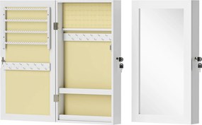 HOMCOM Zrcadlový šperkový kabinet na zeď, Šperková skříň s uzamčením, Zrcadlo v MDF pro ložnici a obývací pokoj, 36,5 x 9,5 x 67 cm, Bílá