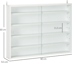 HOMCOM Nástěnná vitrína s nastavitelnými policemi a 2 posuvnými skleněnými dveřmi na kolekce parfémů a dekorativních figurín 80x9,5x60 cm Bílá