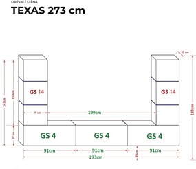 Ral Obývací stěna TEXAS 4, 273 cm - Bílý lesk
