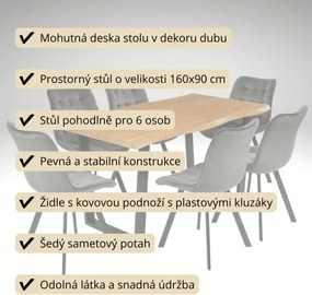 Vikio Jídelní set pro 6 osob 180x90 cm dub noha U šedá židle VJS158-6S-S