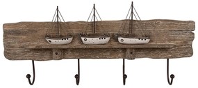 Hnědý antik dřevěný nástěnný věšák s loďkami Nauticco - 63*8*27 cm