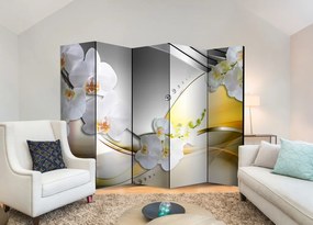 Pokojová zástěna Žlutá cesta II - bílé orchideje na pozadí stříbrné abstrakce