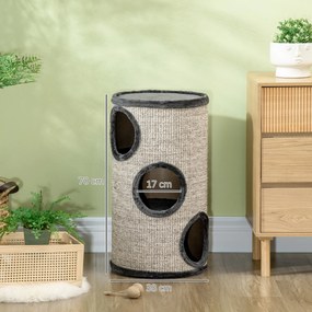 PawHut škrábací sud s plyšovým designem 3 úrovně se 3 jeskyněmi a škrábací plochou ze sisalového lana 38 x 38 x 70 cm šedý pro kočky | Aosom.de
