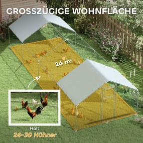 Ocelový výběh pro kuřata PawHut, 300 x 800 x 195 cm, klec pro kuřata s krytem odolným proti UV záření, dvířka na krmení, závěsné krmítko, bidýlko, vý…
