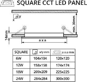 T-LED Bílý vestavný LED panel hranatý 120 x 120mm 6W 24V CCT 102204