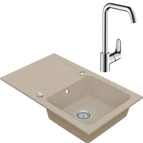 VIMA Dřezový set Hansgrohe 2/A- Granitový dřez, s odkapávací plochou, 78x48cm, Písková + Dřezová baterie Hansgrohe Focus